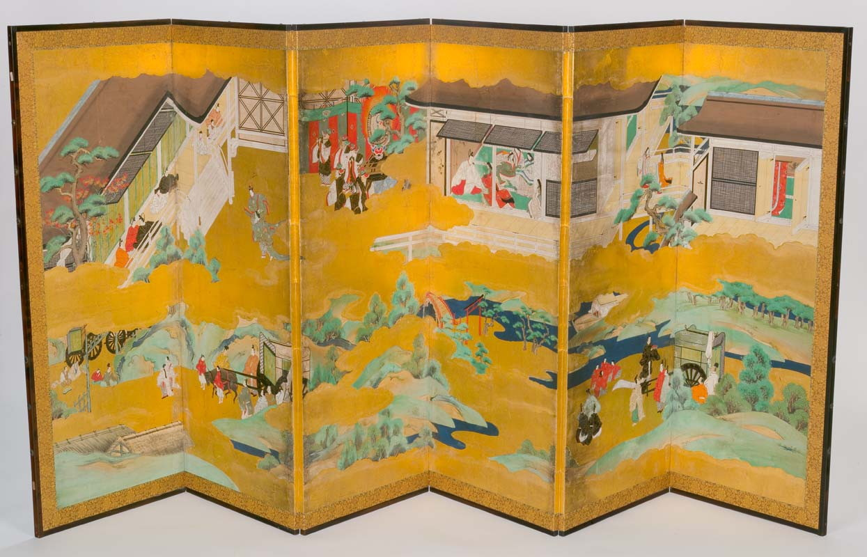 Pair of six fold screens: Scenes from the Genji Monogatari (Tale of ...
